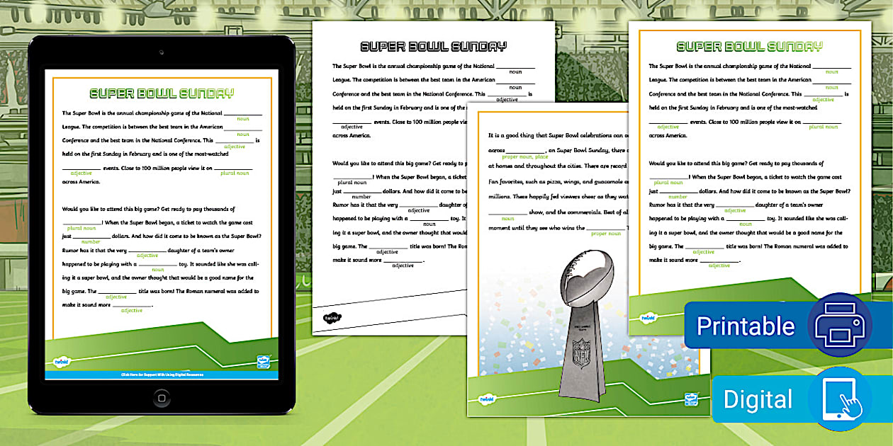 Super Bowl Sunday Laugh Libs Activity for 6th-8th Grade