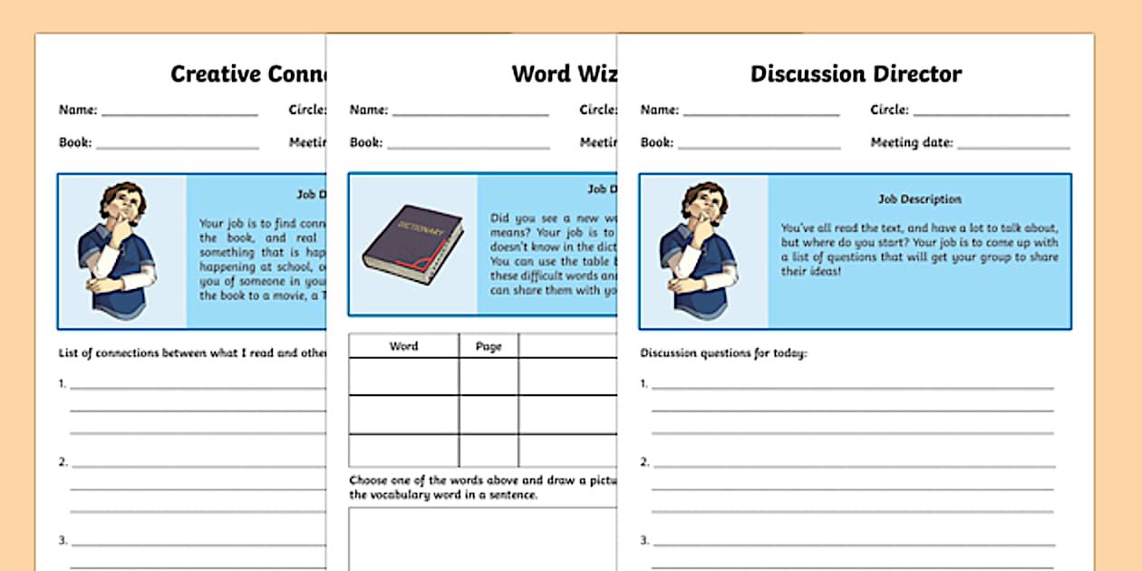 Black and White Literature Circle Student Roles Worksheets