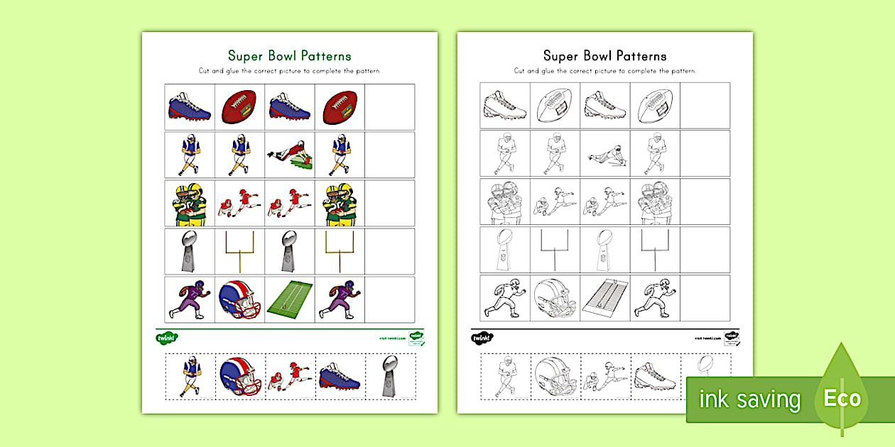 Super Bowl Complete the Pattern Cut and Paste Worksheet for K-2nd Grade