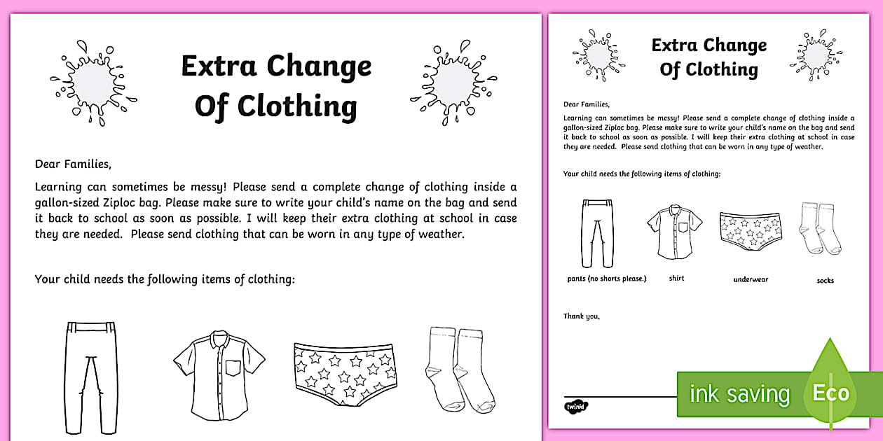 Extra Change of Clothing Editable Letter - Twinkl
