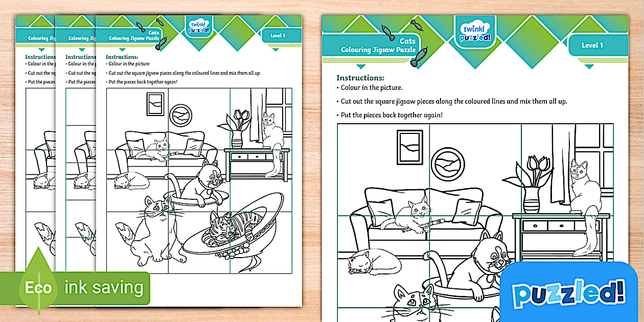 Cats Colouring Page Jigsaw Puzzle - cat puzzle - Twinkl