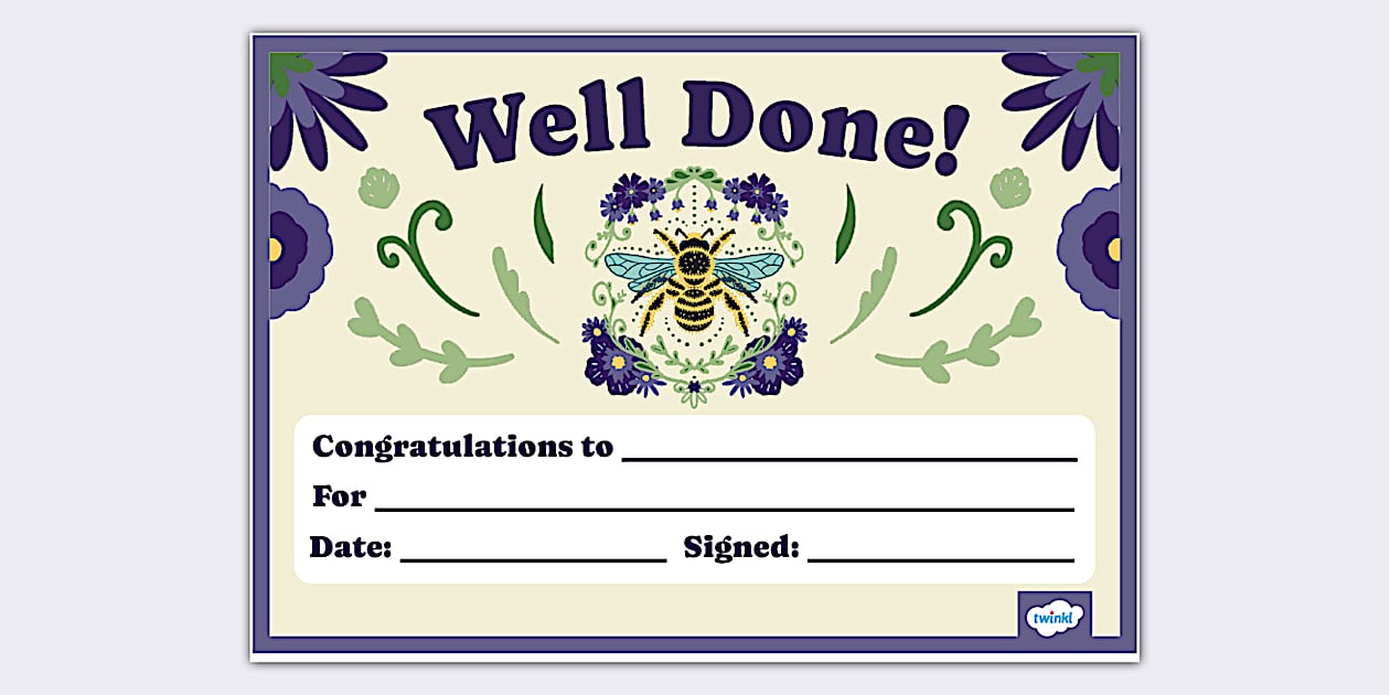 Bee-Themed Well Done Certificate (teacher made) - Twinkl