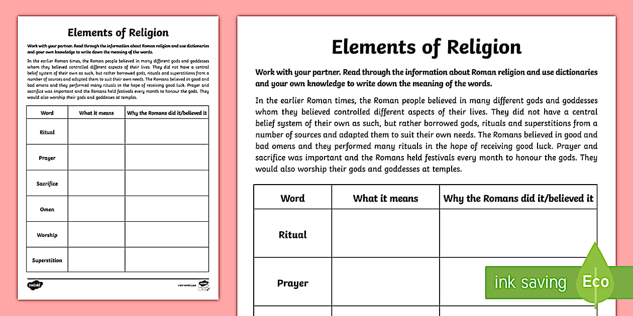Editable The Romans Elements of Religion Worksheet - Twinkl