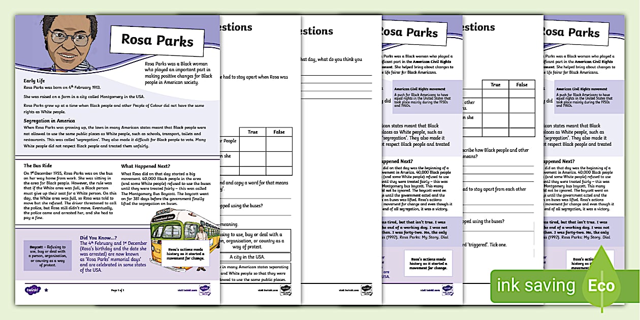 Black and White LKS2 Rosa Parks Differentiated Reading Comprehension ...