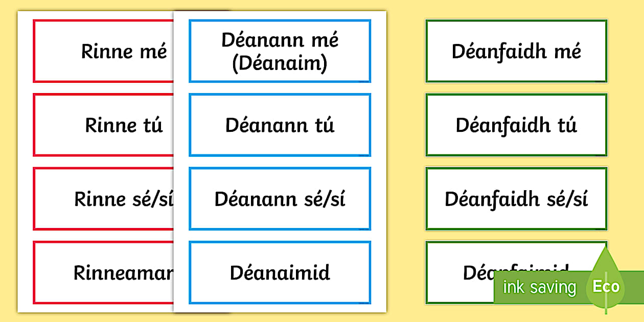 Irregular Verbs: ‘Déan’ – To Do Word Cards - Past, Present and Future Word