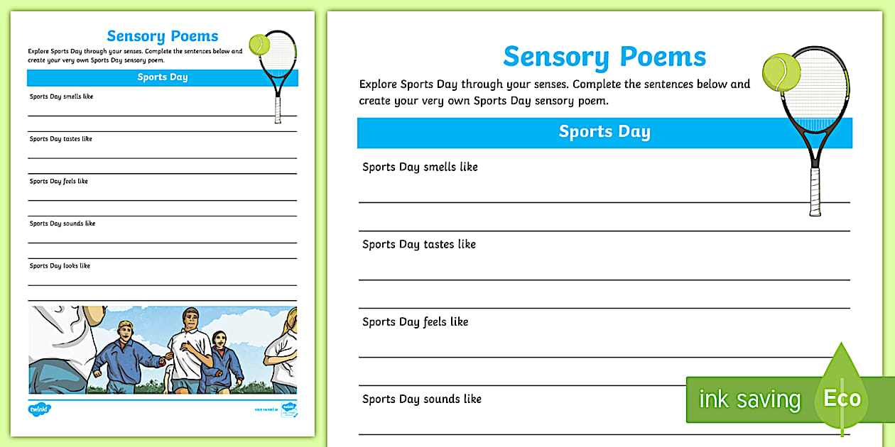 Black and White Sports Day Sensory Poem Worksheet - Twinkl