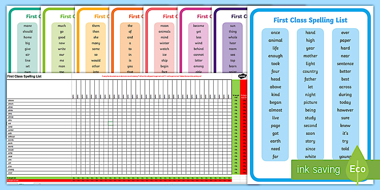 First Class Spelling List Poster and Assessment Pack