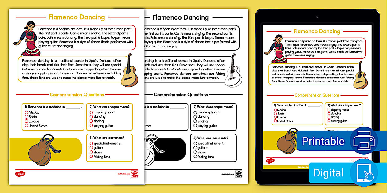Second Grade Flamenco Dancing Reading Passage Comprehension Worksheet