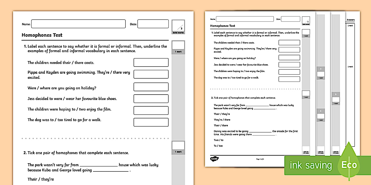 KS1 Homophones Mini Test | SpaG Mini Quiz (teacher made)