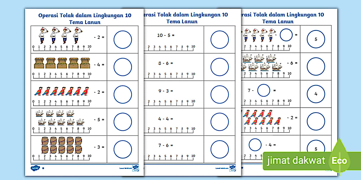 Operasi Tolak dalam Lingkungan 10 | Tema Lanun - Twinkl