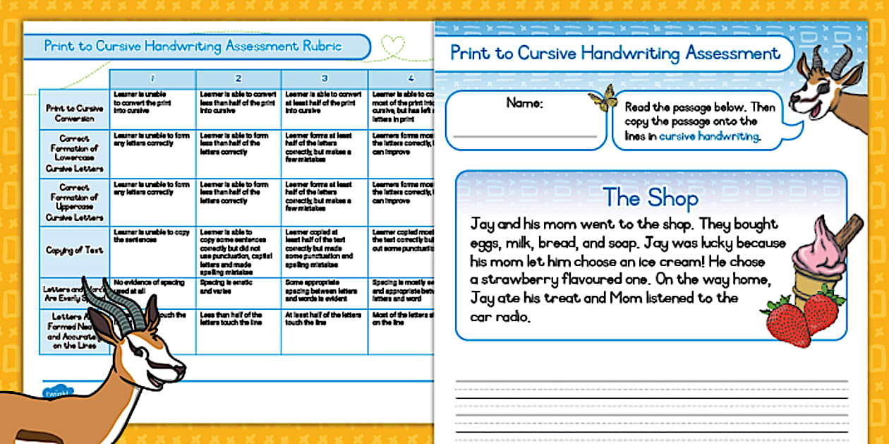 Print To Cursive Handwriting Assessment Task And Rubric