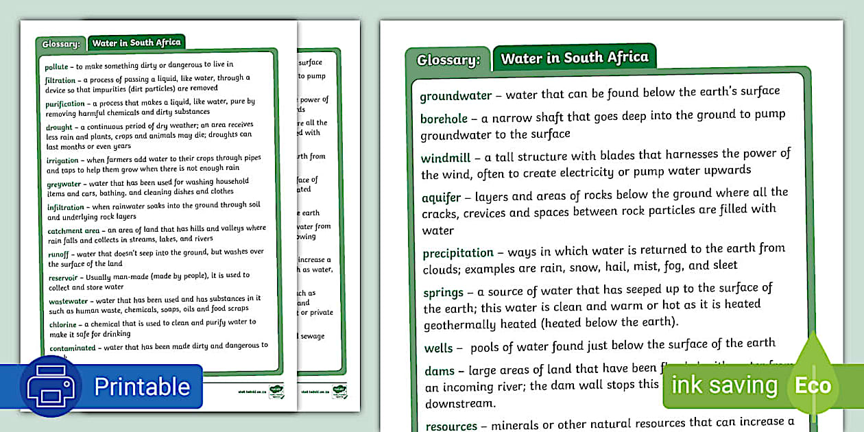 Glossary Water in South Africa Grade 4 (teacher made)