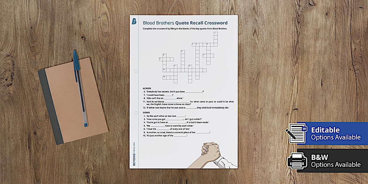 Blood Brothers Quote Recall Crossword (teacher made)