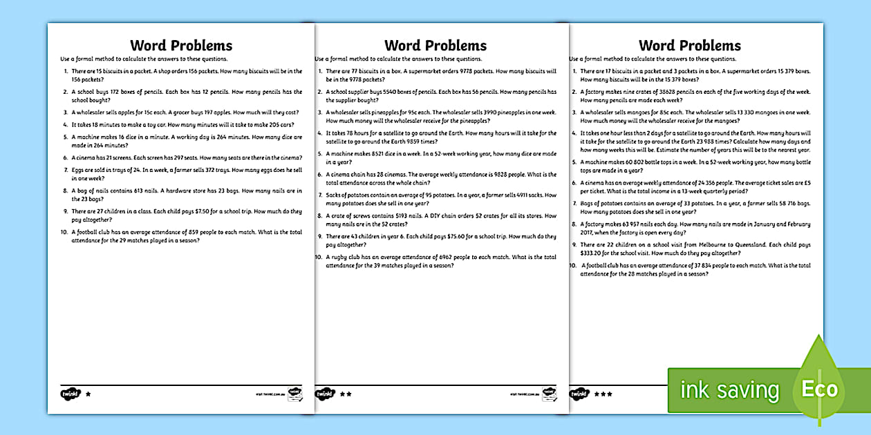 Higher Ability Long Multiplication Word Problems Differentiated Worksheets
