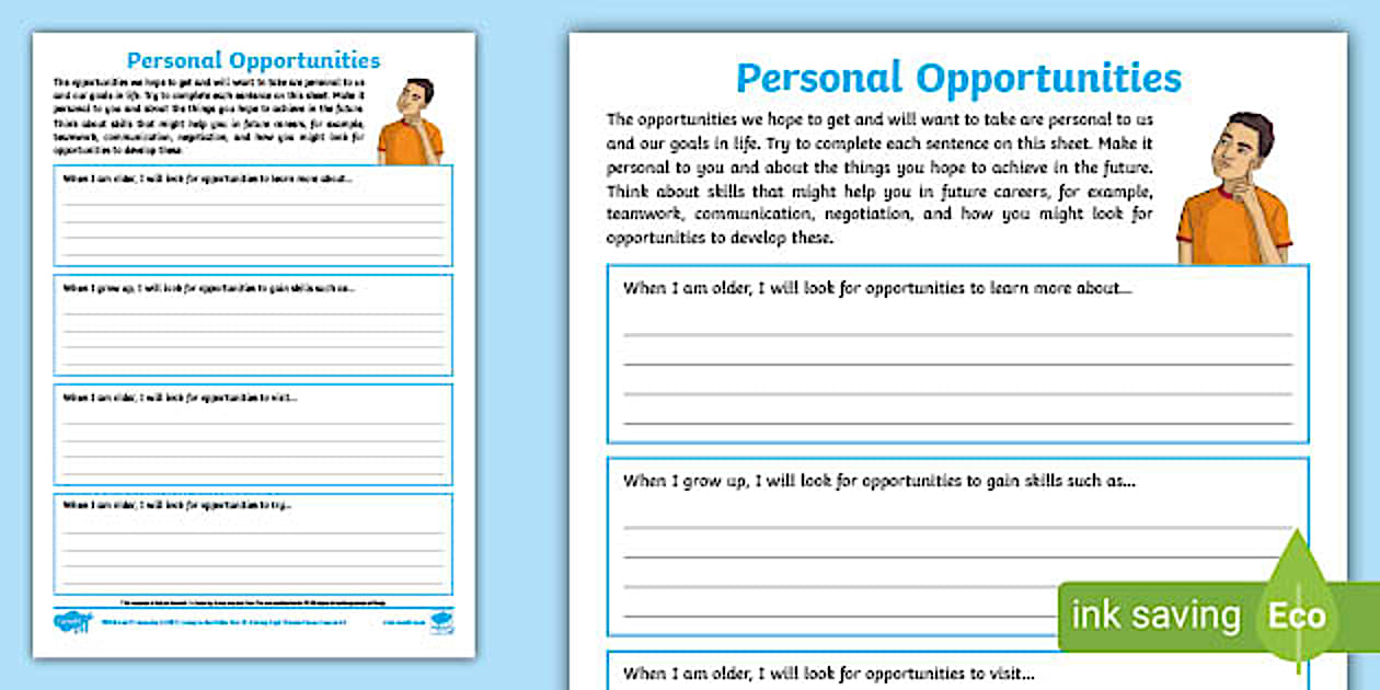 Goals and Aspirations UKS2 Personal Opportunities Worksheet