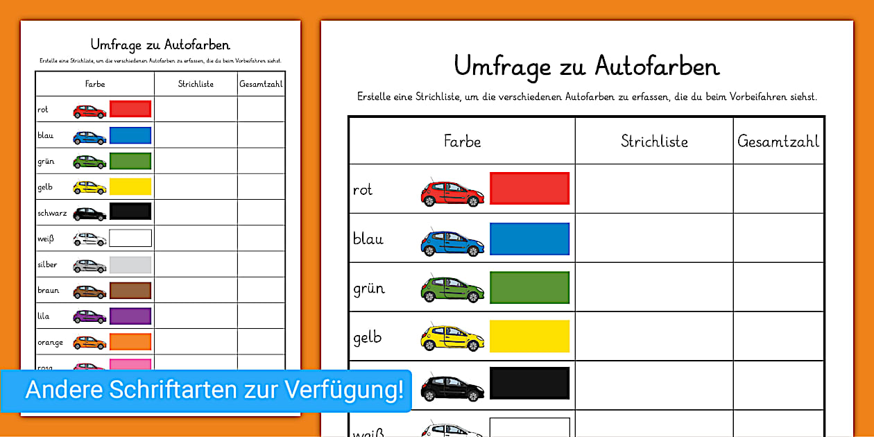Umfrage zu Autofarben - Strichliste - Arbeitsblatt - Twinkl