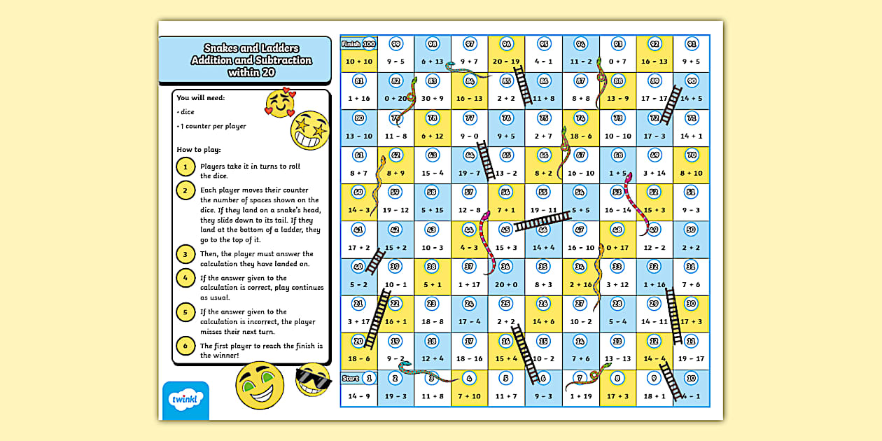 👉 Snakes and Ladders Add and Subtract within 20 Game