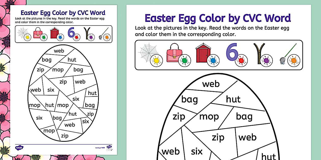 CVC ワード フォニックス イースターエッグぬりえ Easter Egg Color by CVC Words Activity