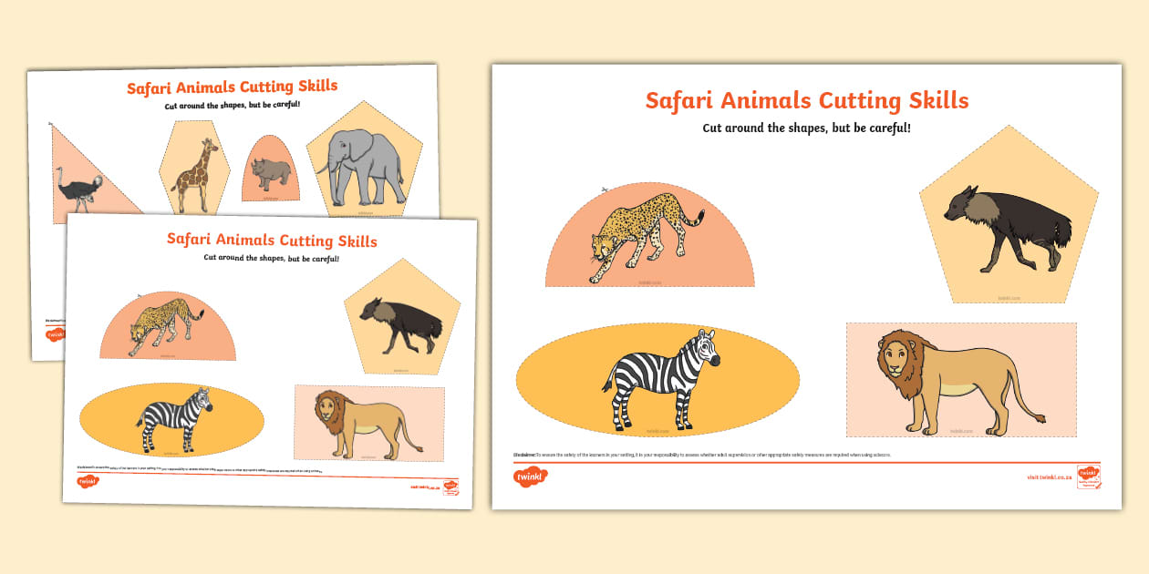 Safari Animals Cutting Skills Worksheet Twinkl - Twinkl