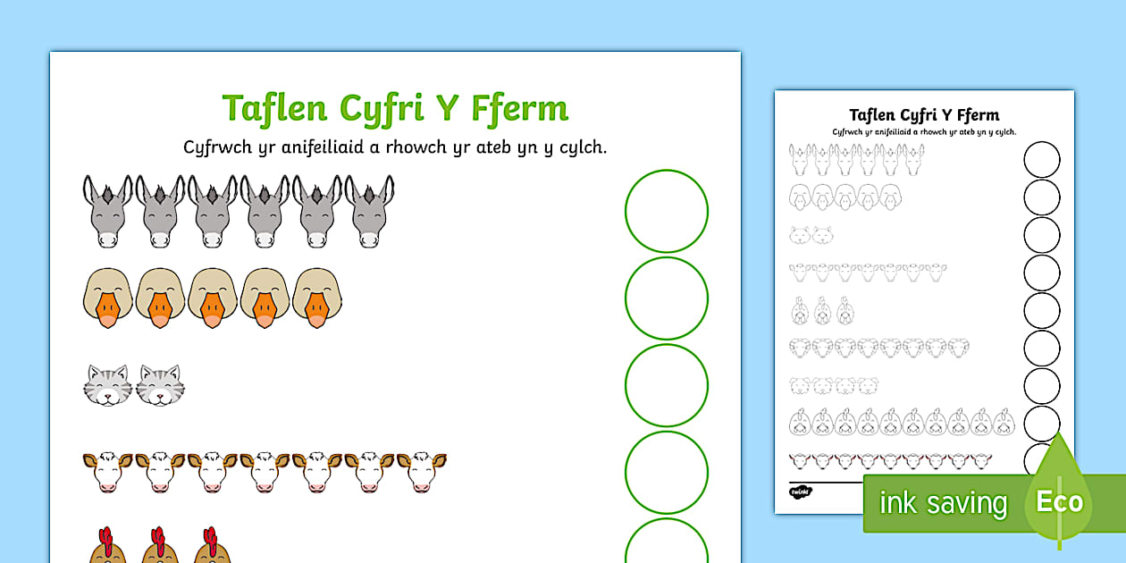 Farm Animals Counting Worksheet up to 20 Welsh - Twinkl