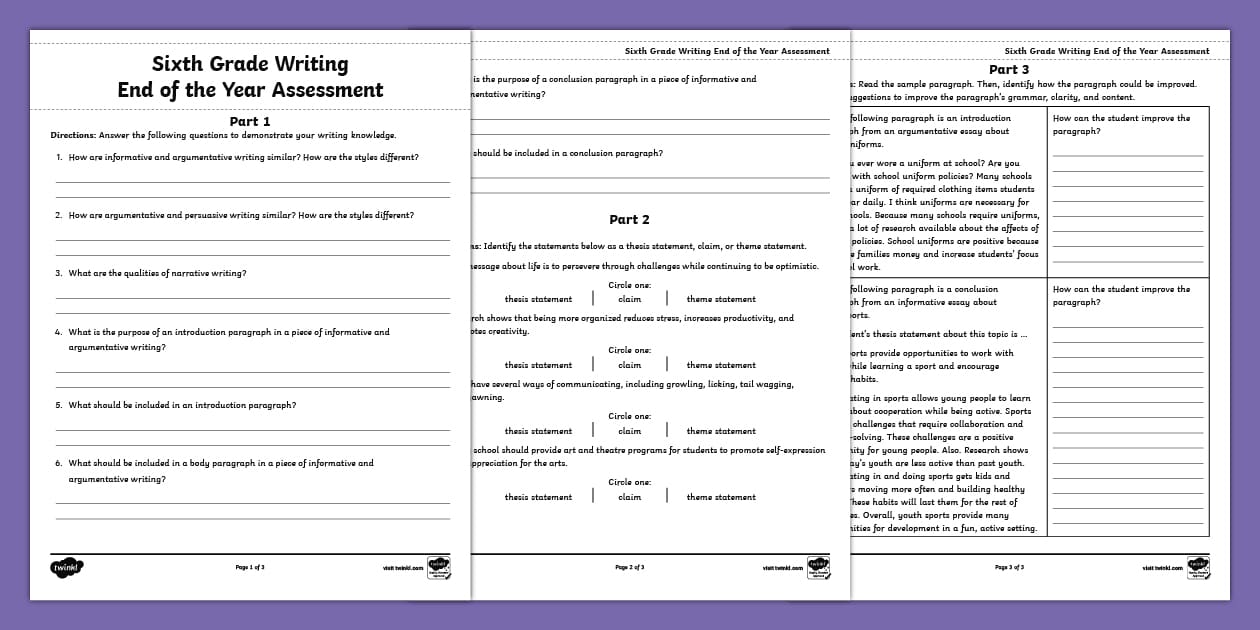 Sixth Grade End of the Year ELA Writing Assessment - Twinkl
