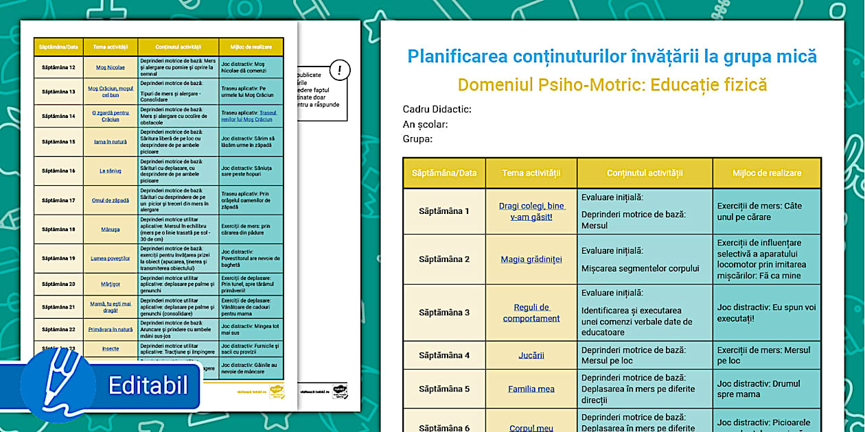 Educație fizică – Planificarea conținuturilor la grupa mică