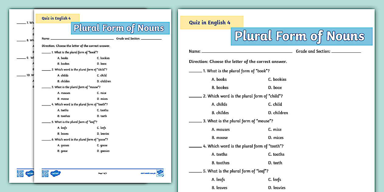 Grade 4 English Quiz - Plural form of nouns (teacher made)