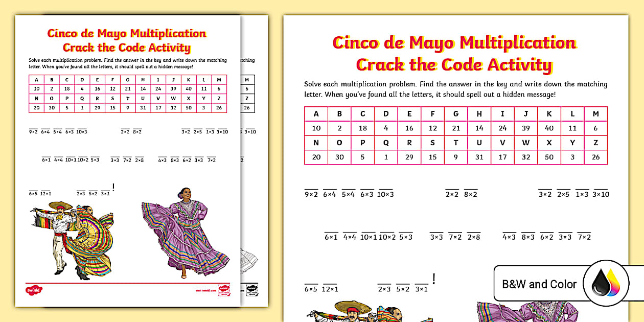 Cinco de Mayo Multiplication Crack the Code Worksheet 3rd-5th