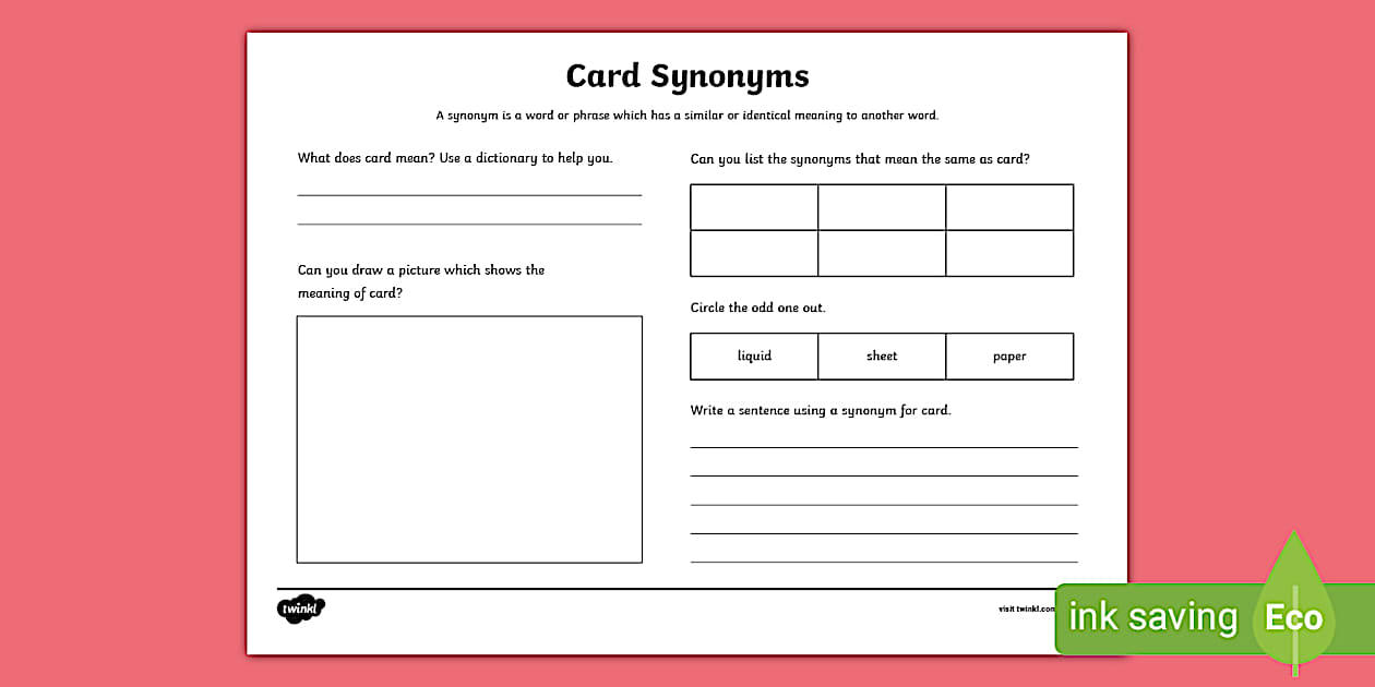 Card Synonyms Worksheet (teacher made) - Twinkl