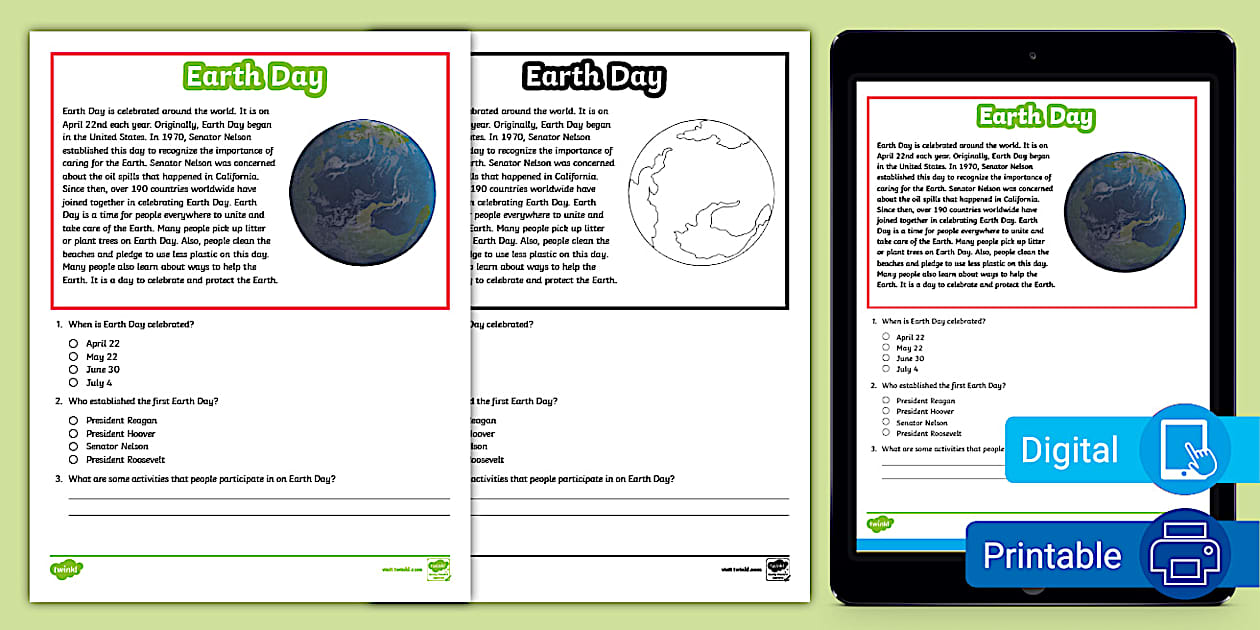 Third Grade Earth Day Reading Passage Comprehension Worksheet