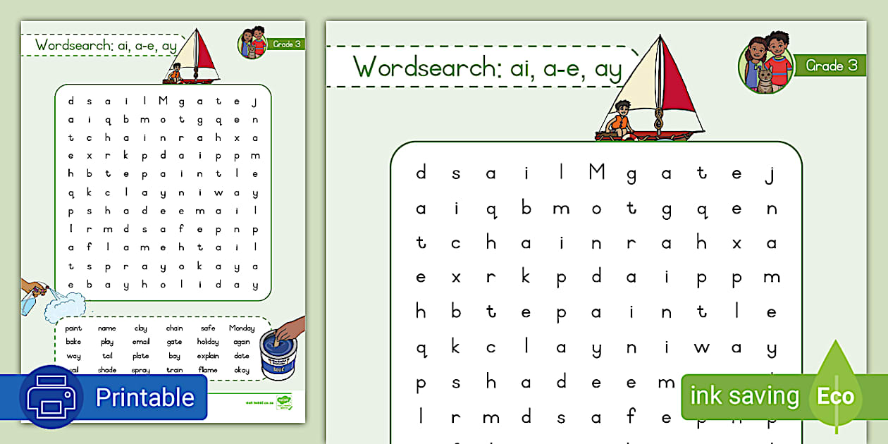 Grade 3 Phonics: ai a-e ay: Wordsearch (teacher made)