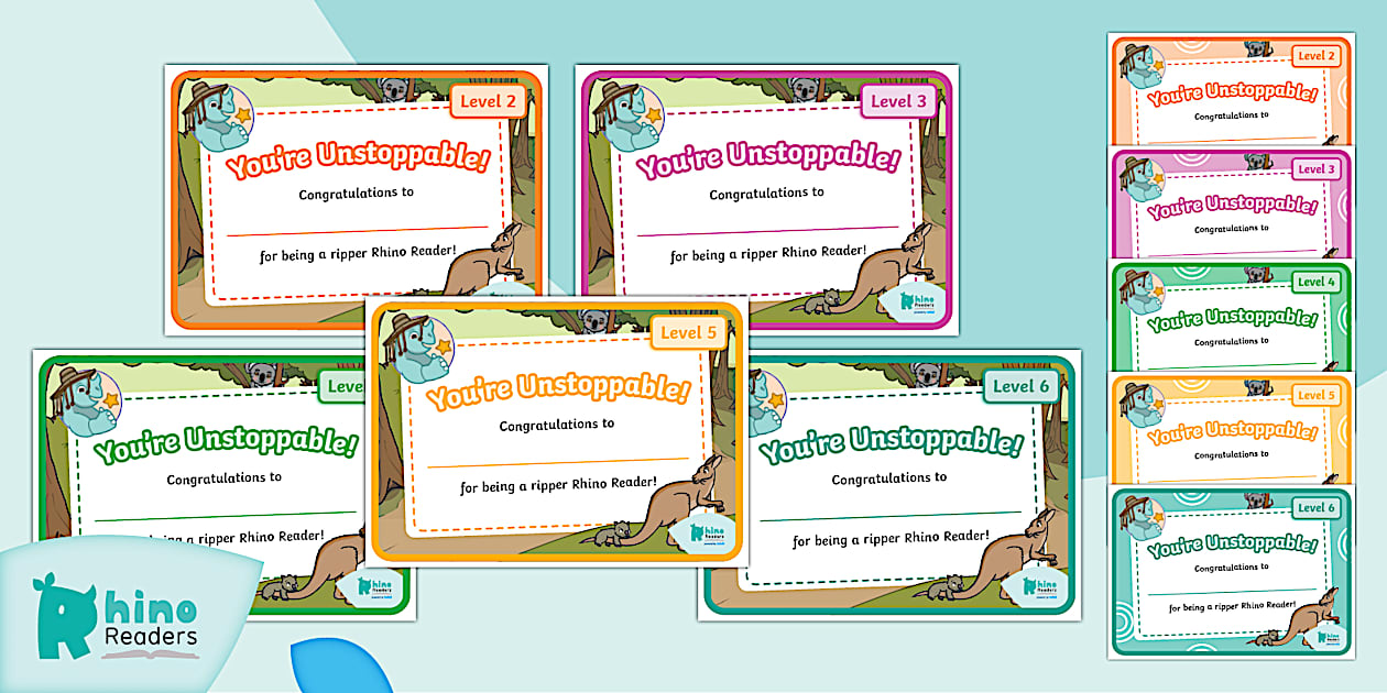 Rhino Readers All Levels Certificates - EYLF - Phonics