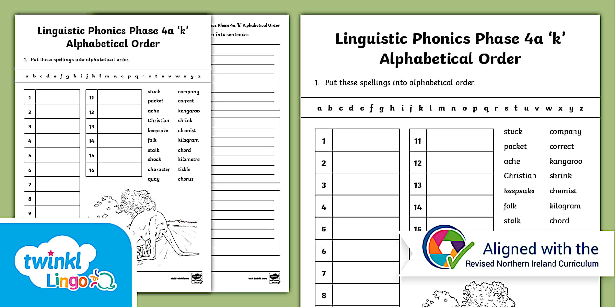 Linguistic Phonics Phase 4a 'k' Alphabetical Order