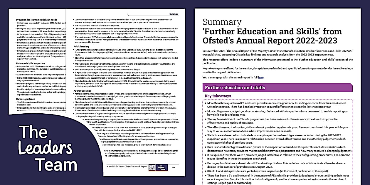 Summary: 'Further Education & Skills' Ofsted's Annual Report