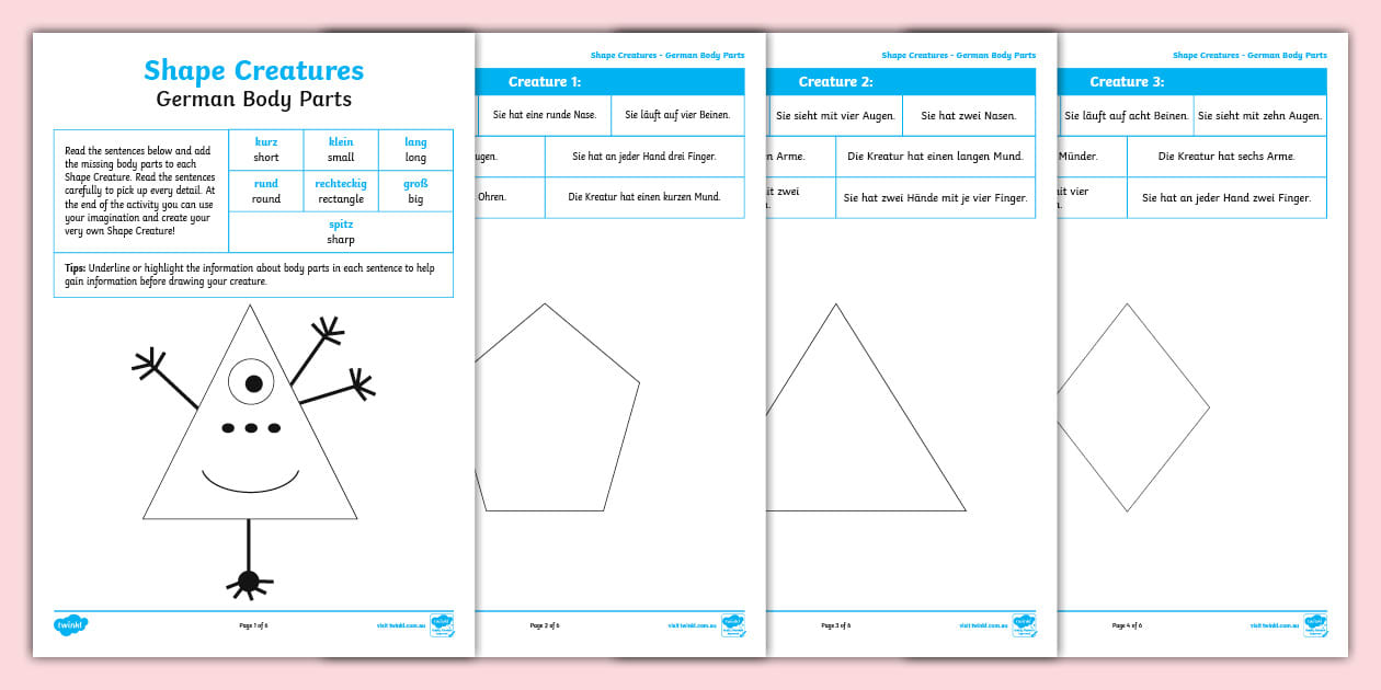 Shape Creatures - German Body Parts Activity Sheet