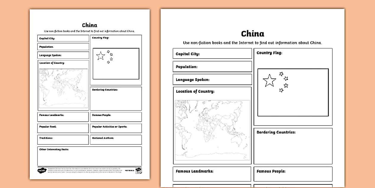 China Fact File Template | China Geography Worksheet (PDF)