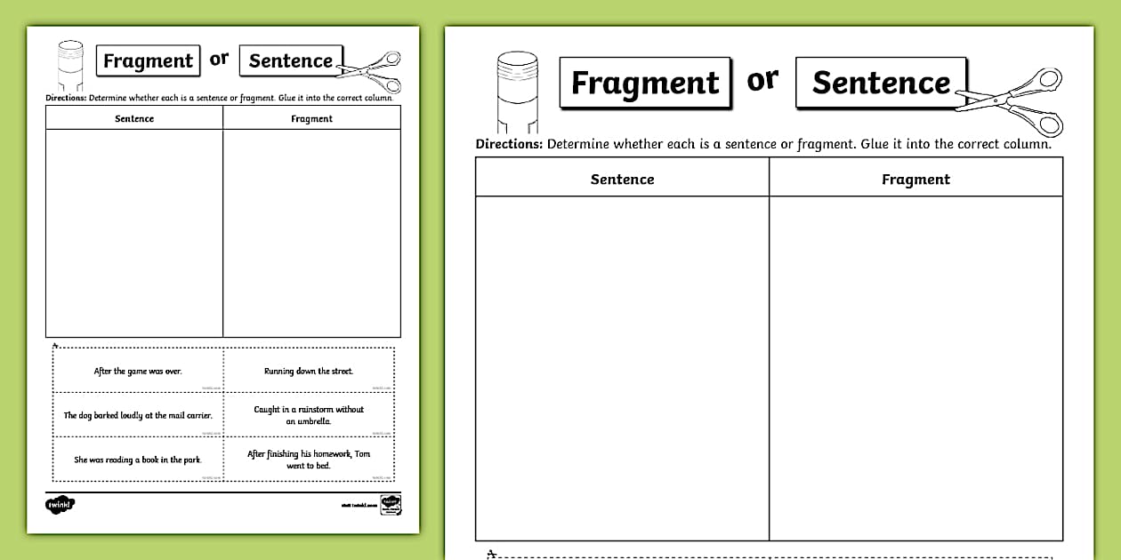 Fragment or Sentence Cut and Paste Worksheet for 3rd-5th Grade
