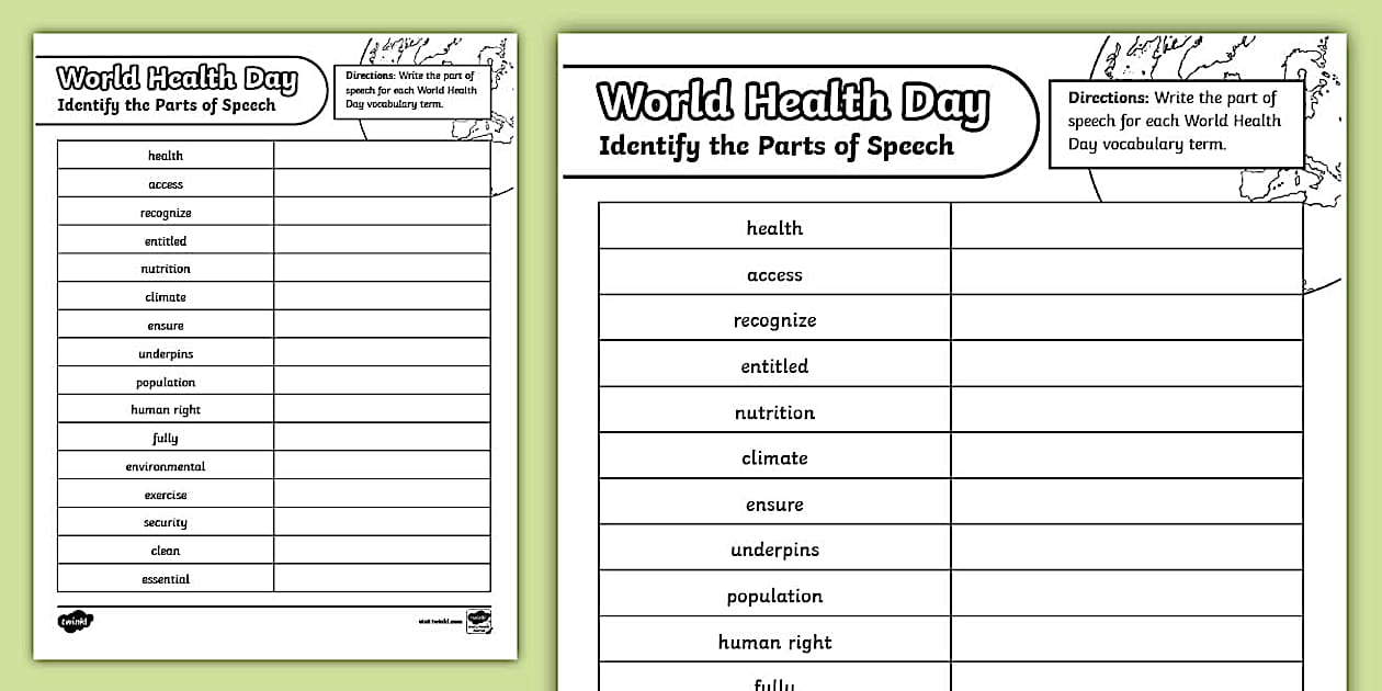 World Health Day Identify the Parts of Speech Worksheet