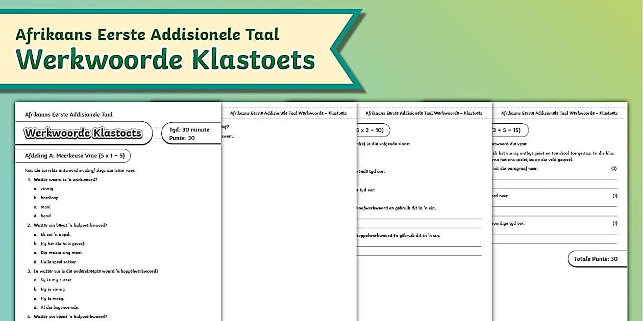 Senior Fase Afrikaans - Werkwoorde - Klastoets (KABV-belyn)