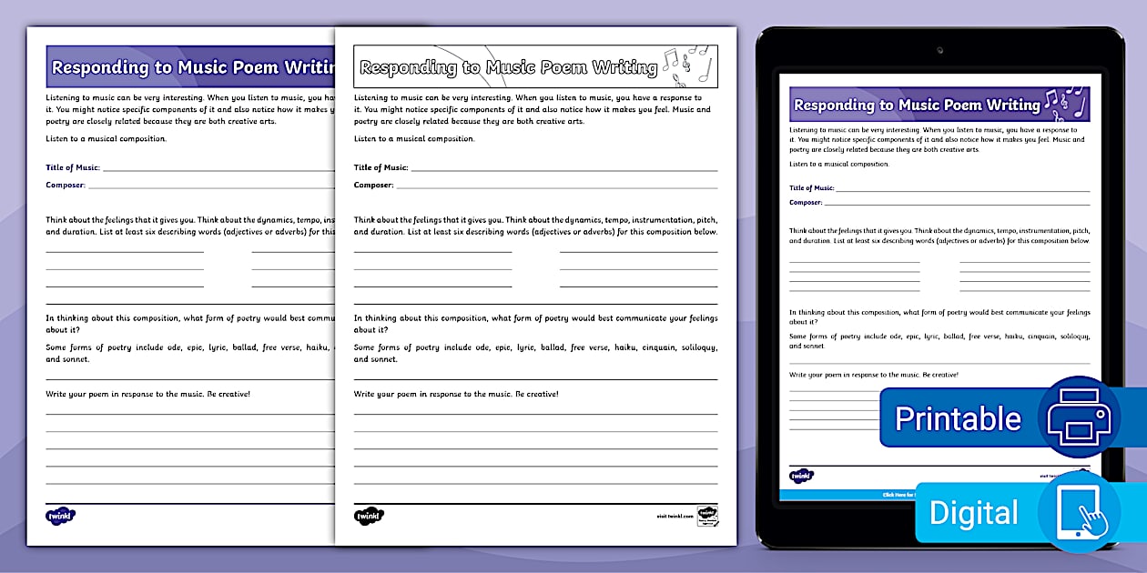 Responding to Music Poem Worksheet (Teacher-Made) - Twinkl
