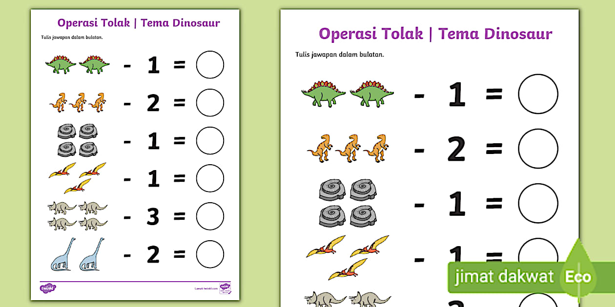 Operasi Tolak | Tema Dinosaur (teacher made) - Twinkl