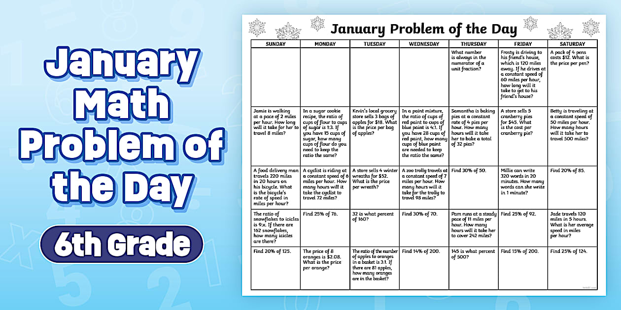 Sixth Grade 2025 Math Problem of the Day January Calendar