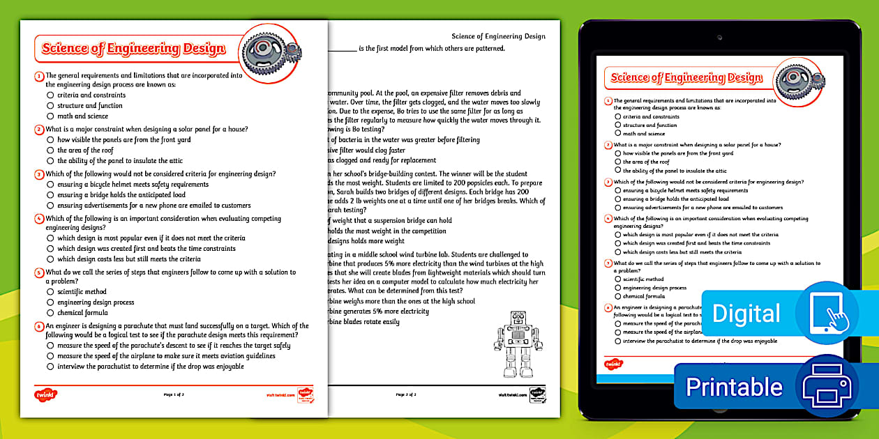Sixth Grade NGSS Science of Engineering Design Quiz - Twinkl