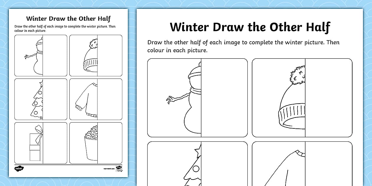 Winter-Themed Draw the Other Half Worksheet - Twinkl - KS1