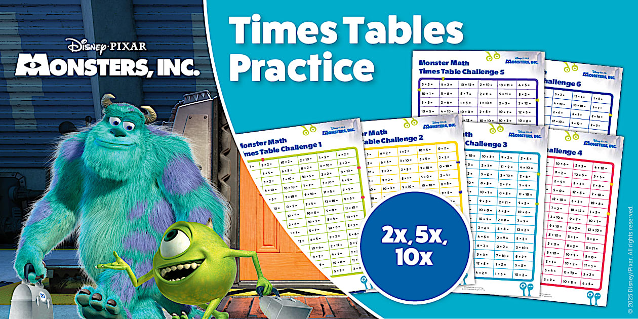 Monsters, Inc.:Times Tables 2x, 5x, 10x Challenge Worksheets