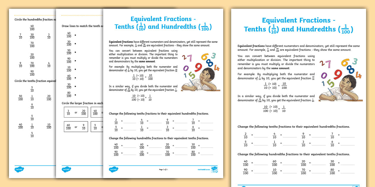 Fractions as Tenths (1/10) and Hundredths (1/100) Worksheets