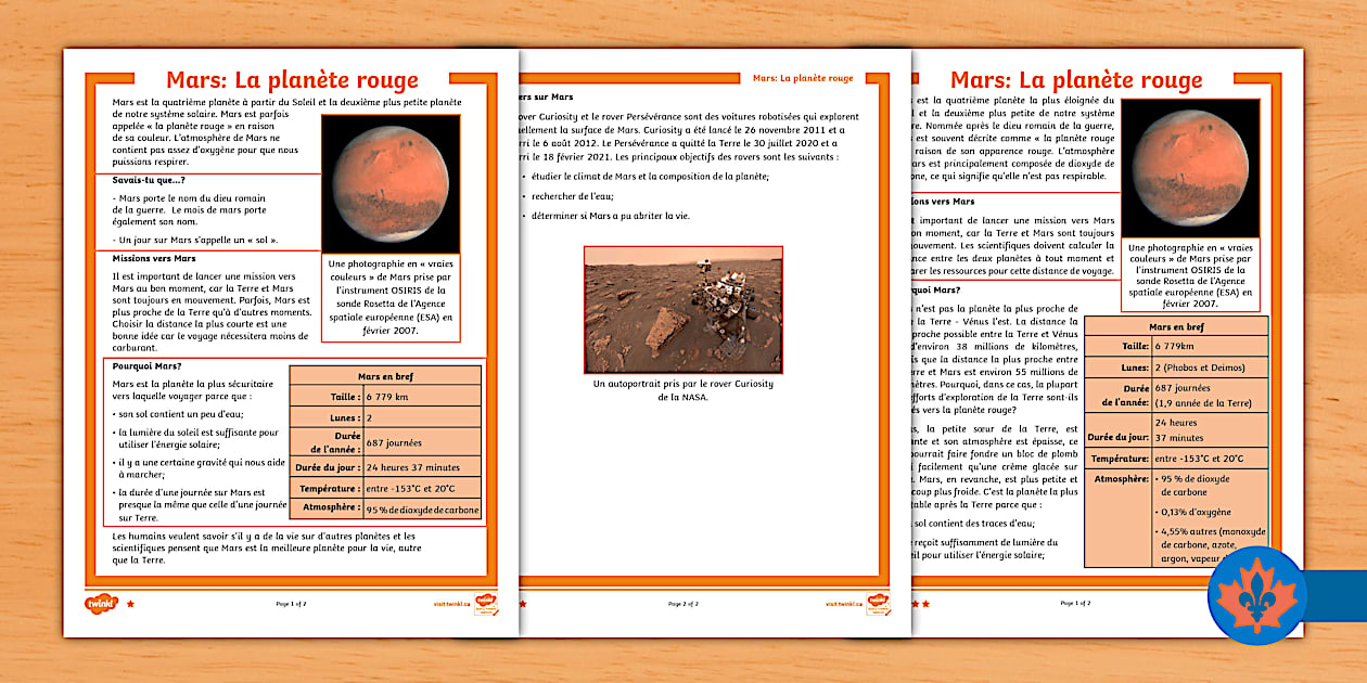 Mars: Differentiated Reading Comprehension Activity French