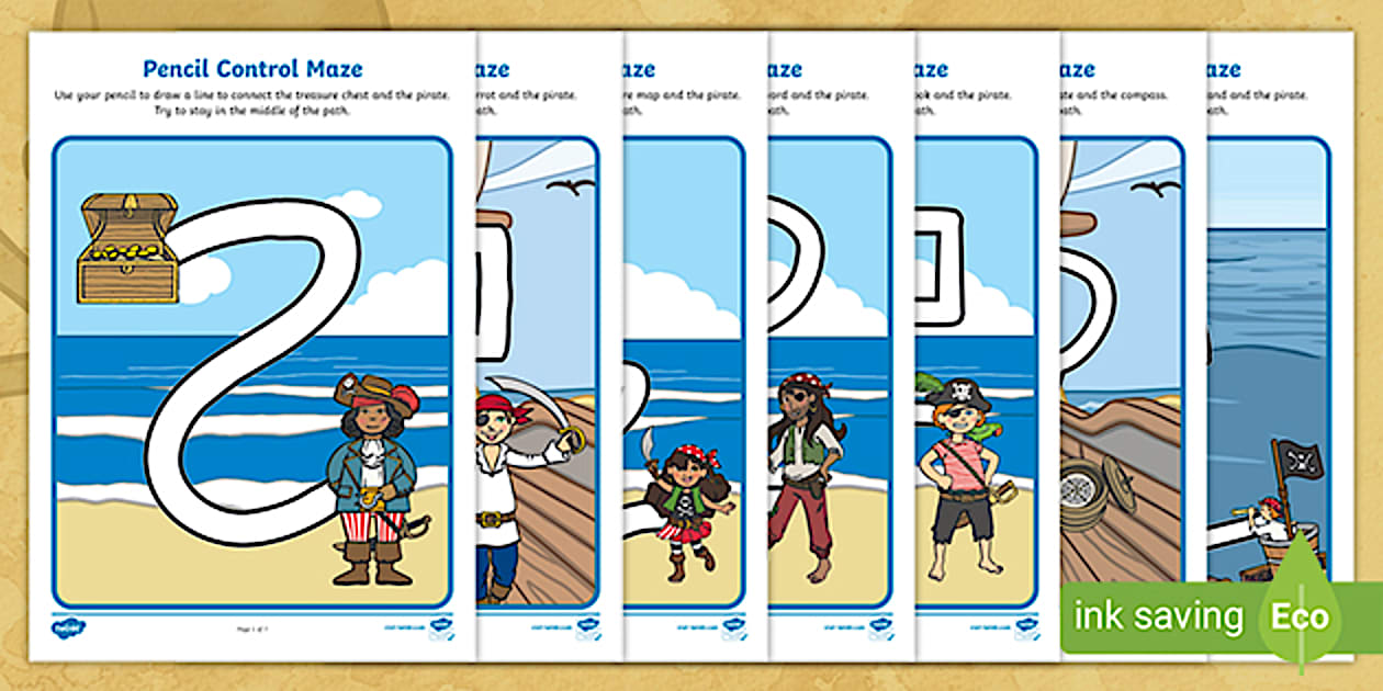 Pirate Themed Pencil Control Maze Worksheets (Teacher-Made)