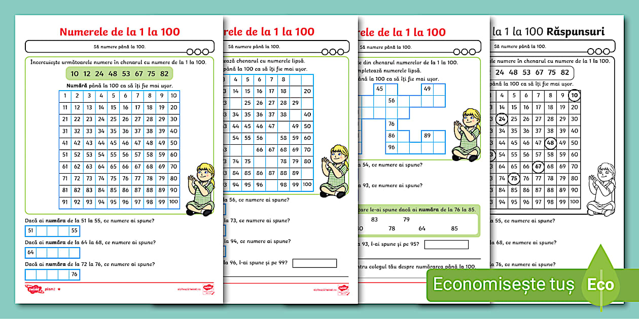 Numerele de la 1 la 100 – Fișe de lucru diferențiate