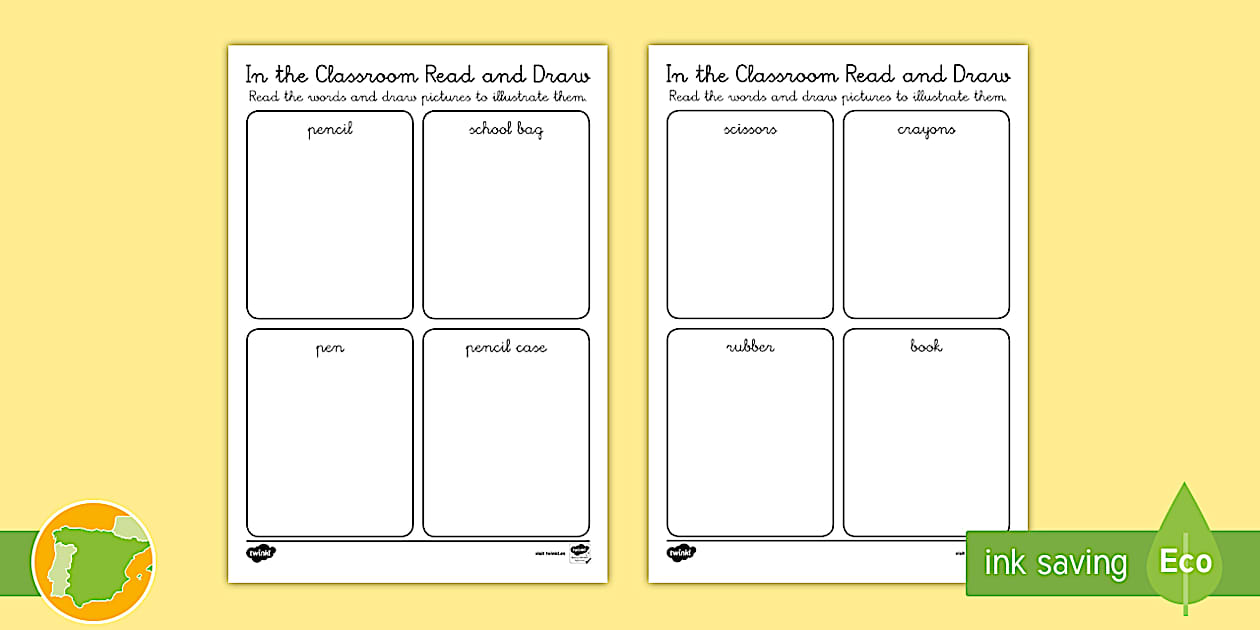 A1 Ficha de actividad: lee y dibuja objetos de clase en inglés (8 palabras)